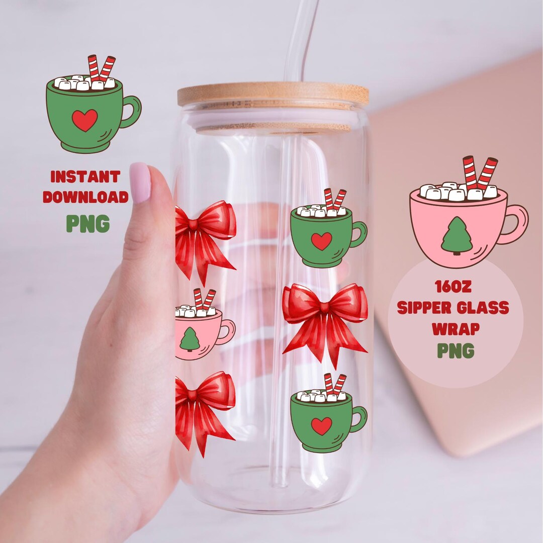 Bookish Christmas, 16oz Sipper Glass Wrap, Holiday Festive Mug ...