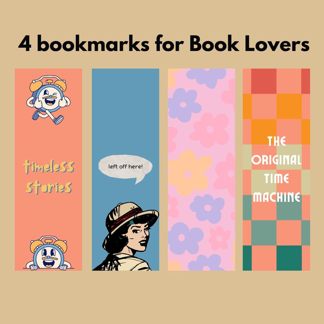 Vintage Retro Bookmarks Set | Printable PDF & PNG | 4 Design Bundle ...
