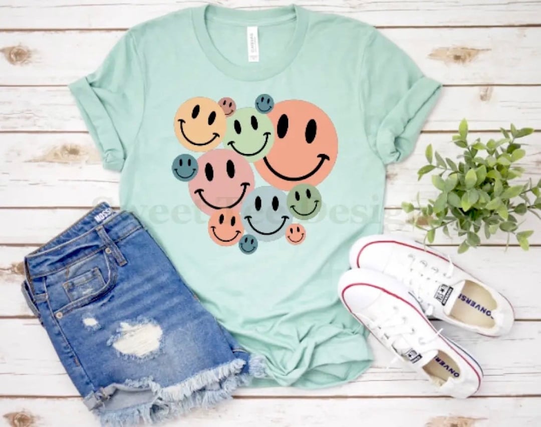 COLORFUL SMILEYS Graphic Tee Women T Shirt Funny Cute Custom Summer ...