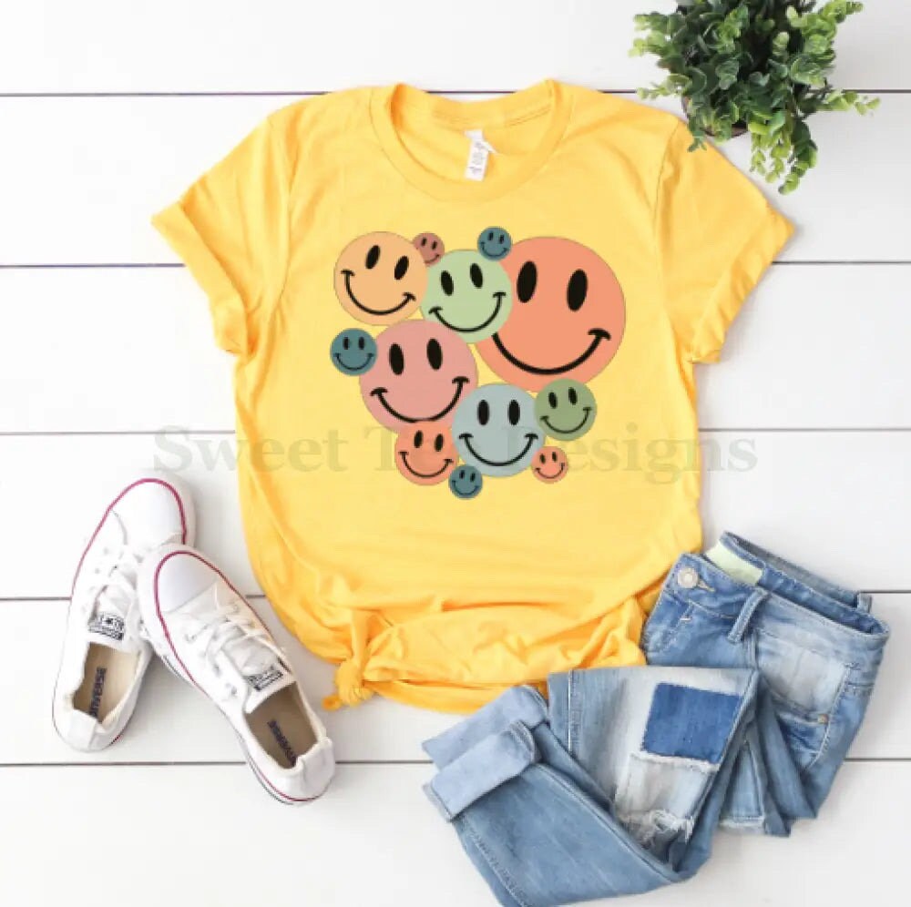 COLORFUL SMILEYS Graphic Tee Women T Shirt Funny Cute Custom Summer ...
