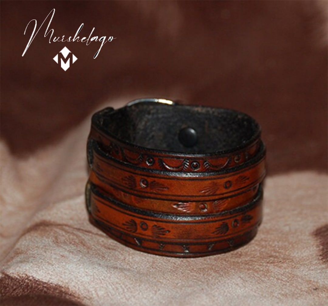 Unisex Wide Leather Double Buckle Cuff,mahogany Color Handmade Leather ...