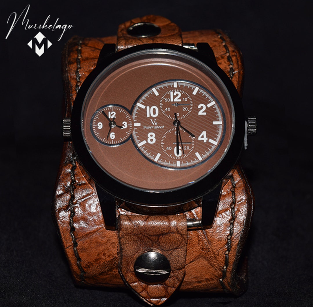 Men Leather Cuff Watch,med. Brown Watch Band,leather Wrist Watch, Med ...