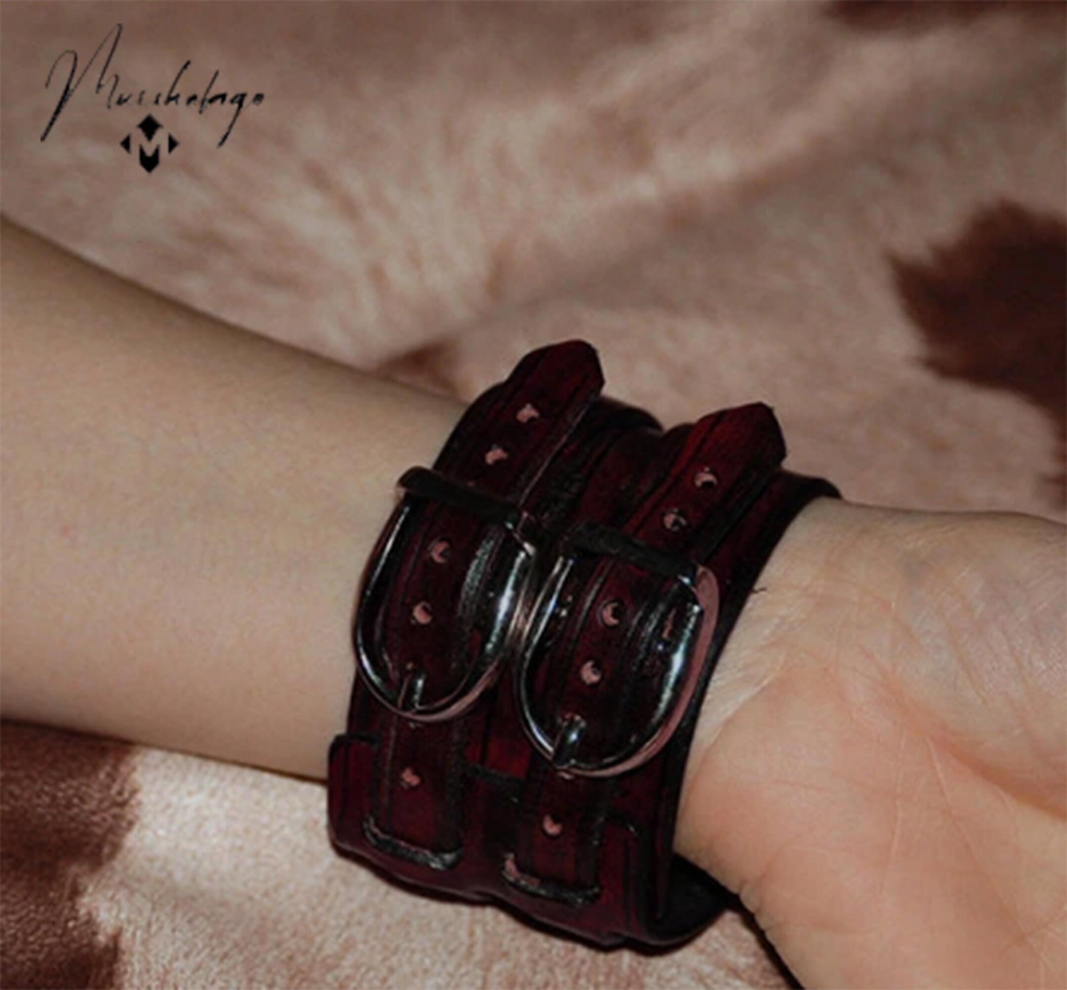 Unisex Wide Leather Double Buckle Cuff,saddletan Color Handmade Leather ...