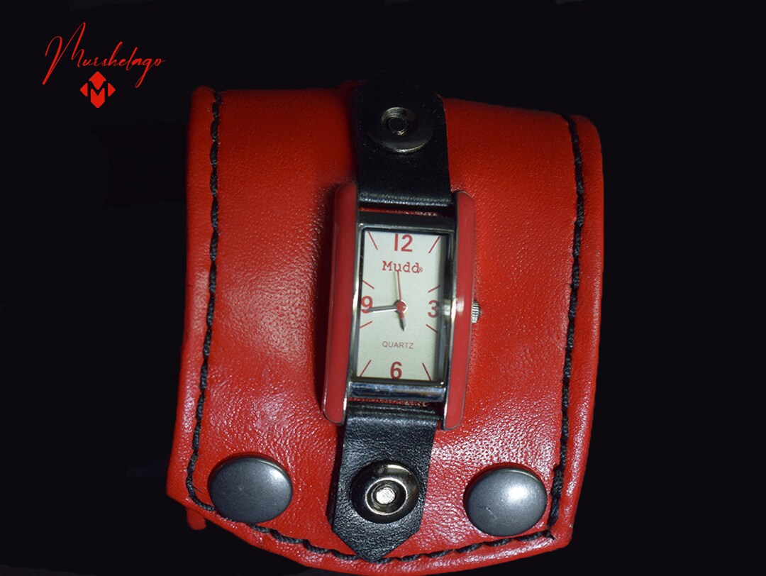 Women Leather Cuff Watch,red Color Band,leather Wrist Watch,black Color ...