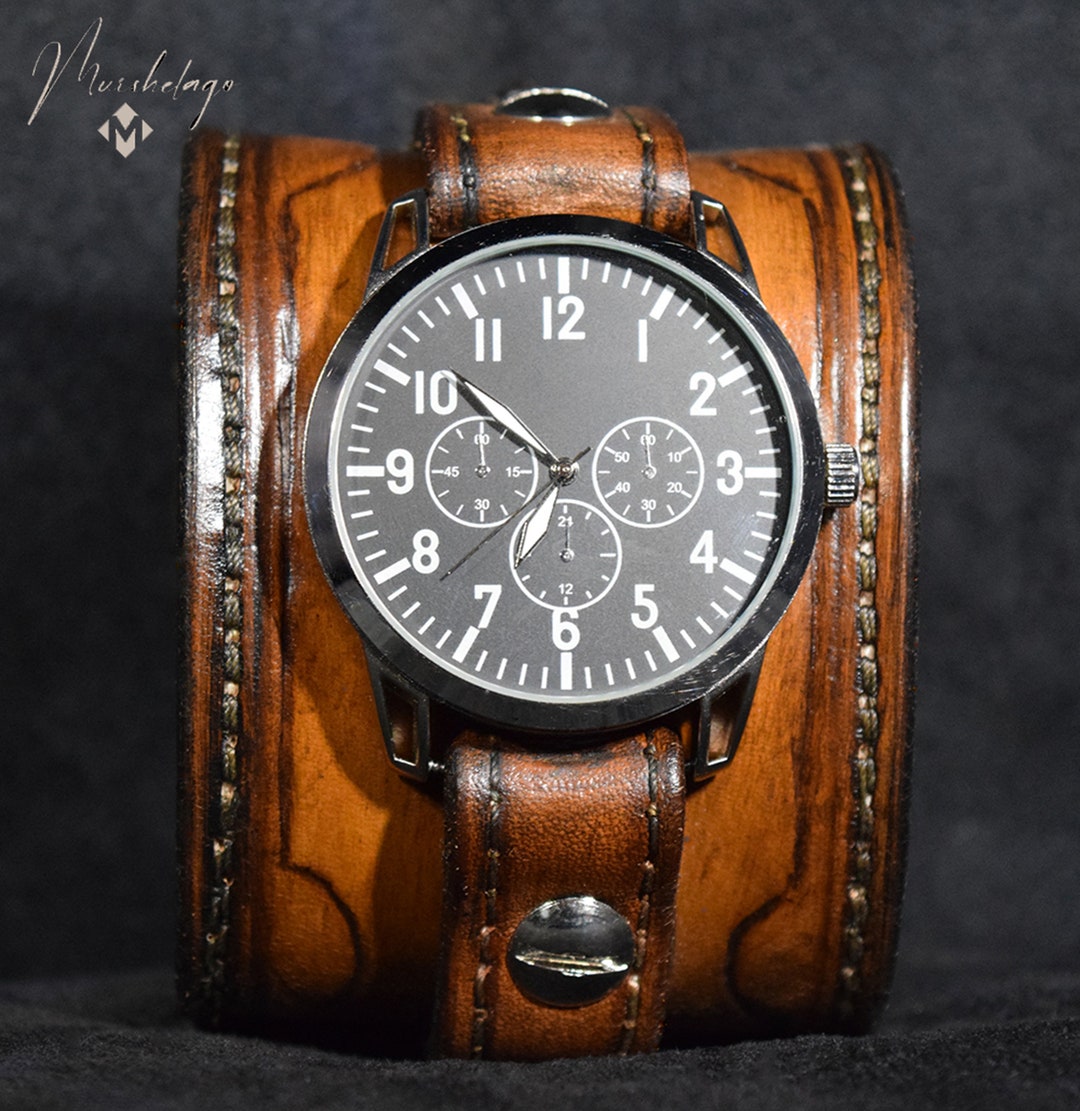 Men Leather Cuff Watch,saddle Tan Watch Band,leather Wrist Watch,saddle ...
