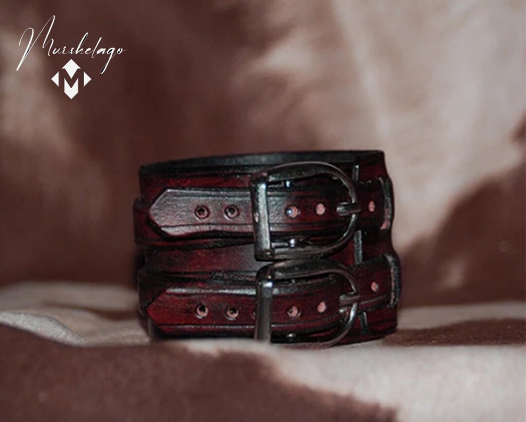 Unisex Wide Leather Double Buckle Cuff,saddletan Color Handmade Leather ...