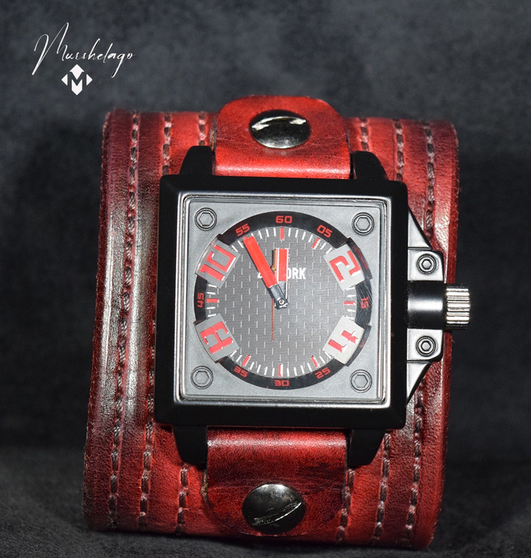 Unisex Leather Watch, Dark Red Watch Band, Leather Wrist Watch, Dark ...