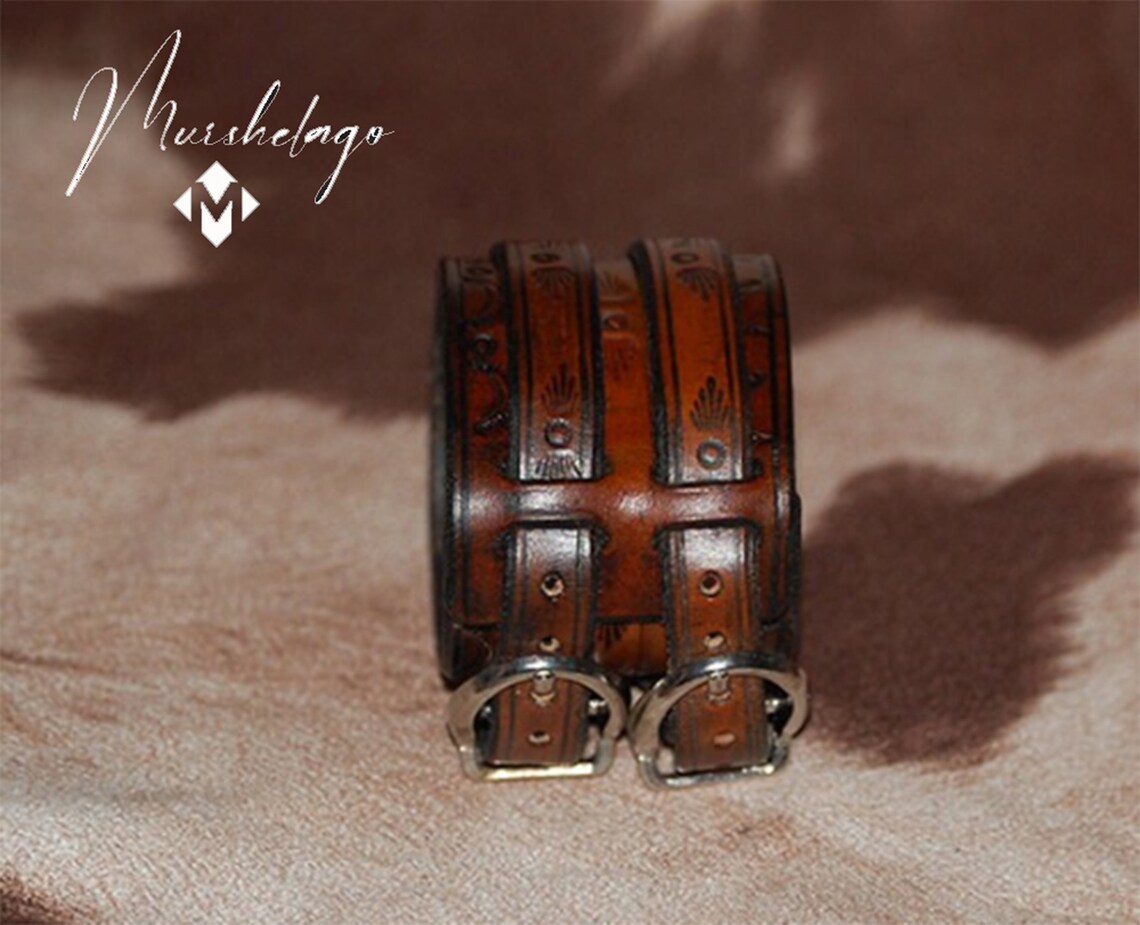 Unisex Wide Leather Double Buckle Cuff,mahogany Color Handmade Leather ...