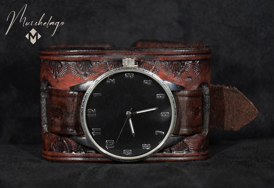 Unisex Leather Cuff Watch, Mahogany Watch Band,leather Wrist Watch ...