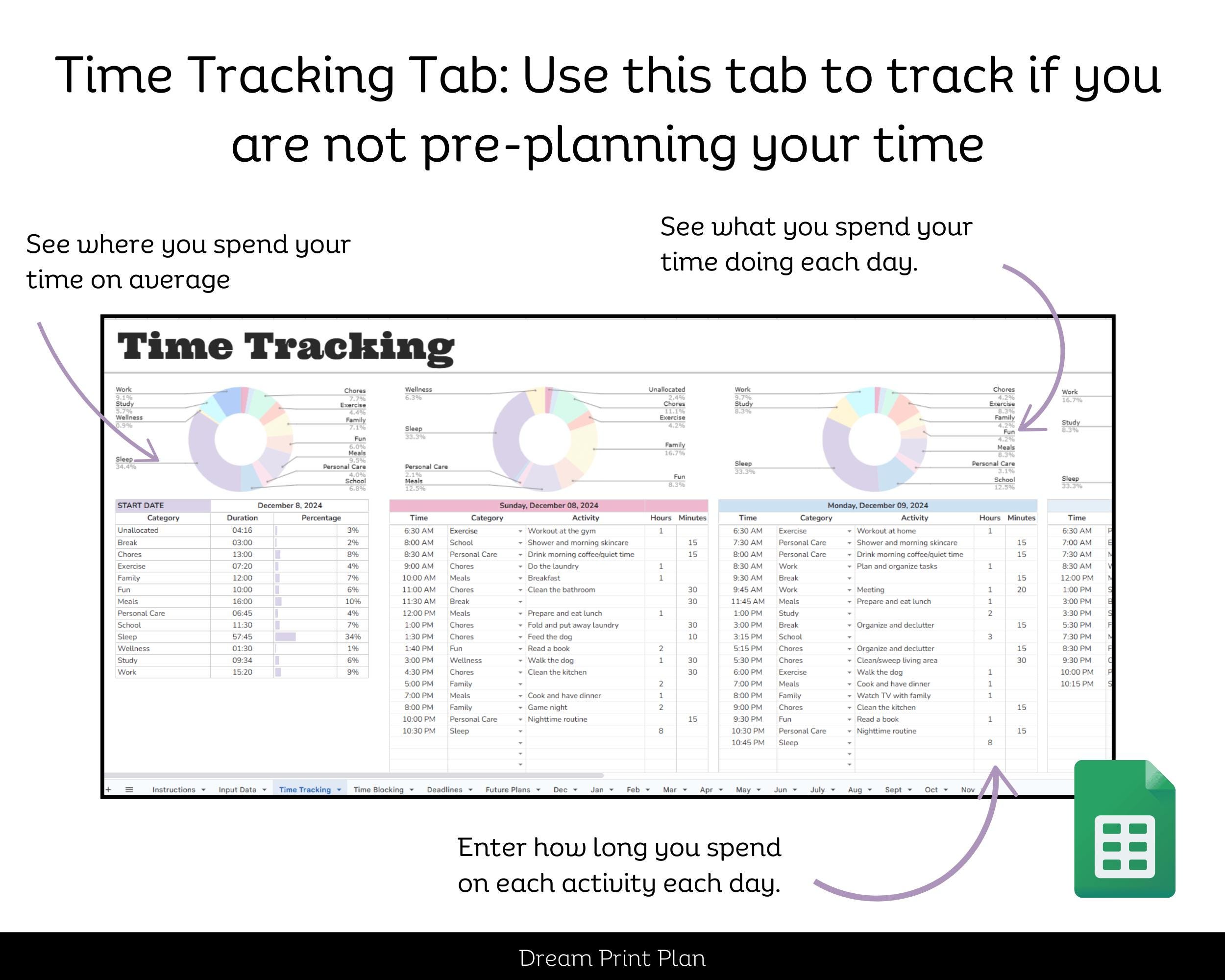 Time Management Spreadsheet for Google Sheets – Time Tracking, Time Blocking, Deadline Planner ...