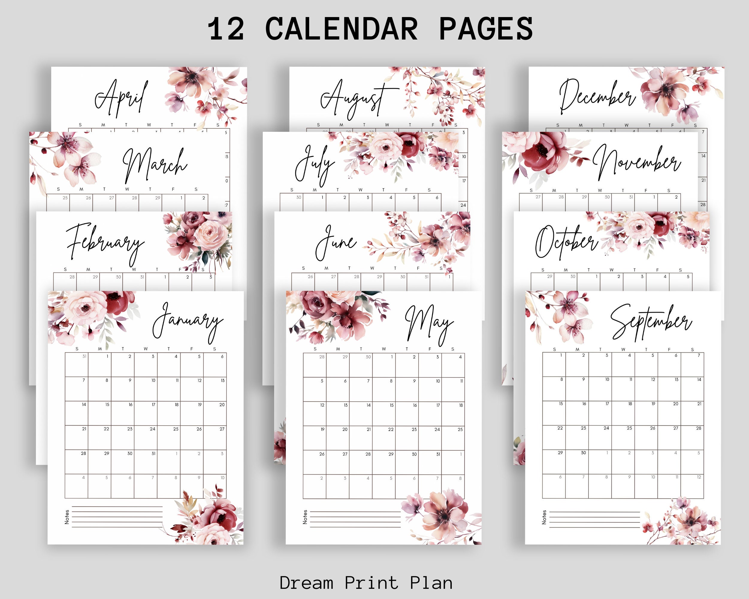 2024 Printable Floral Calendar Pink & Burgundy, Monthly Planner ...