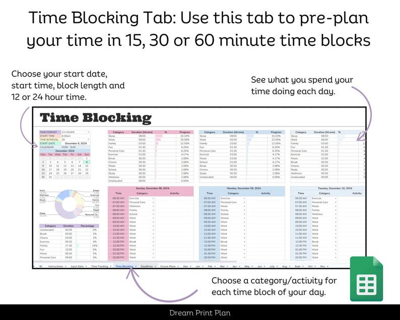 Time Management Spreadsheet for Google Sheets – Time Tracking, Time Blocking, Deadline Planner ...