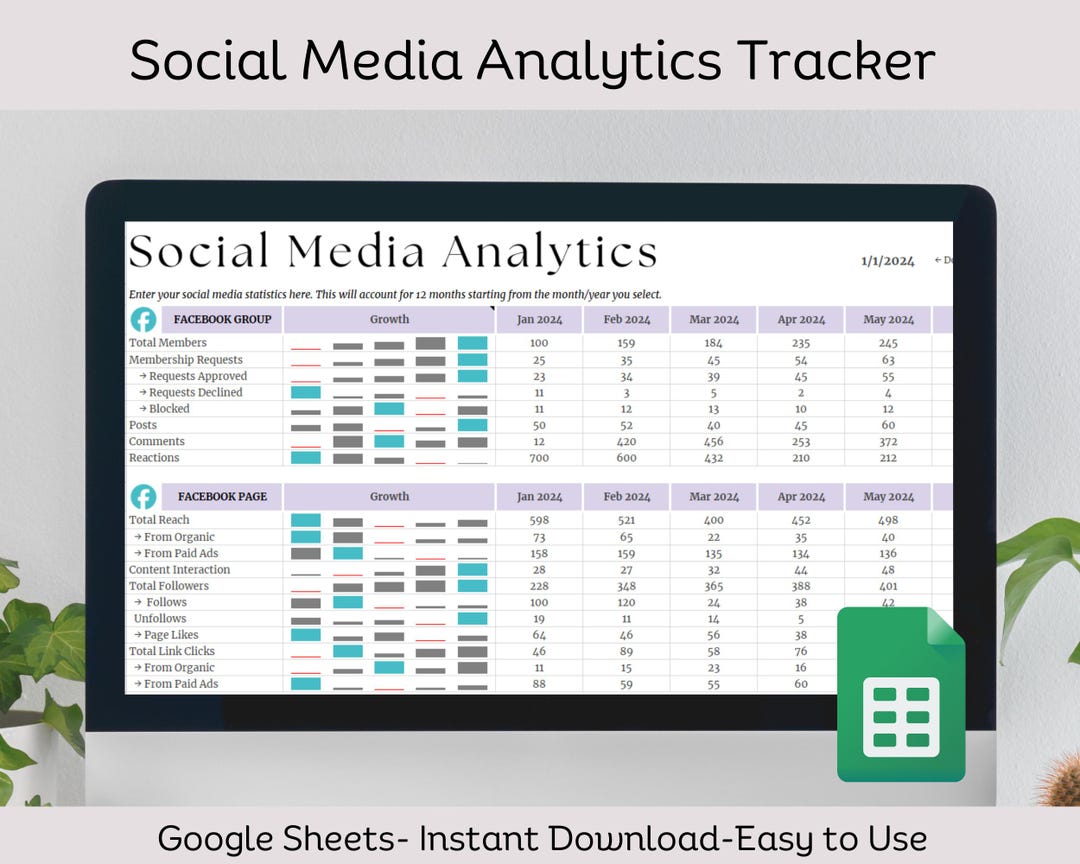 Social Media Analytics Tracker Google Sheets, Facebook Instagram Social ...