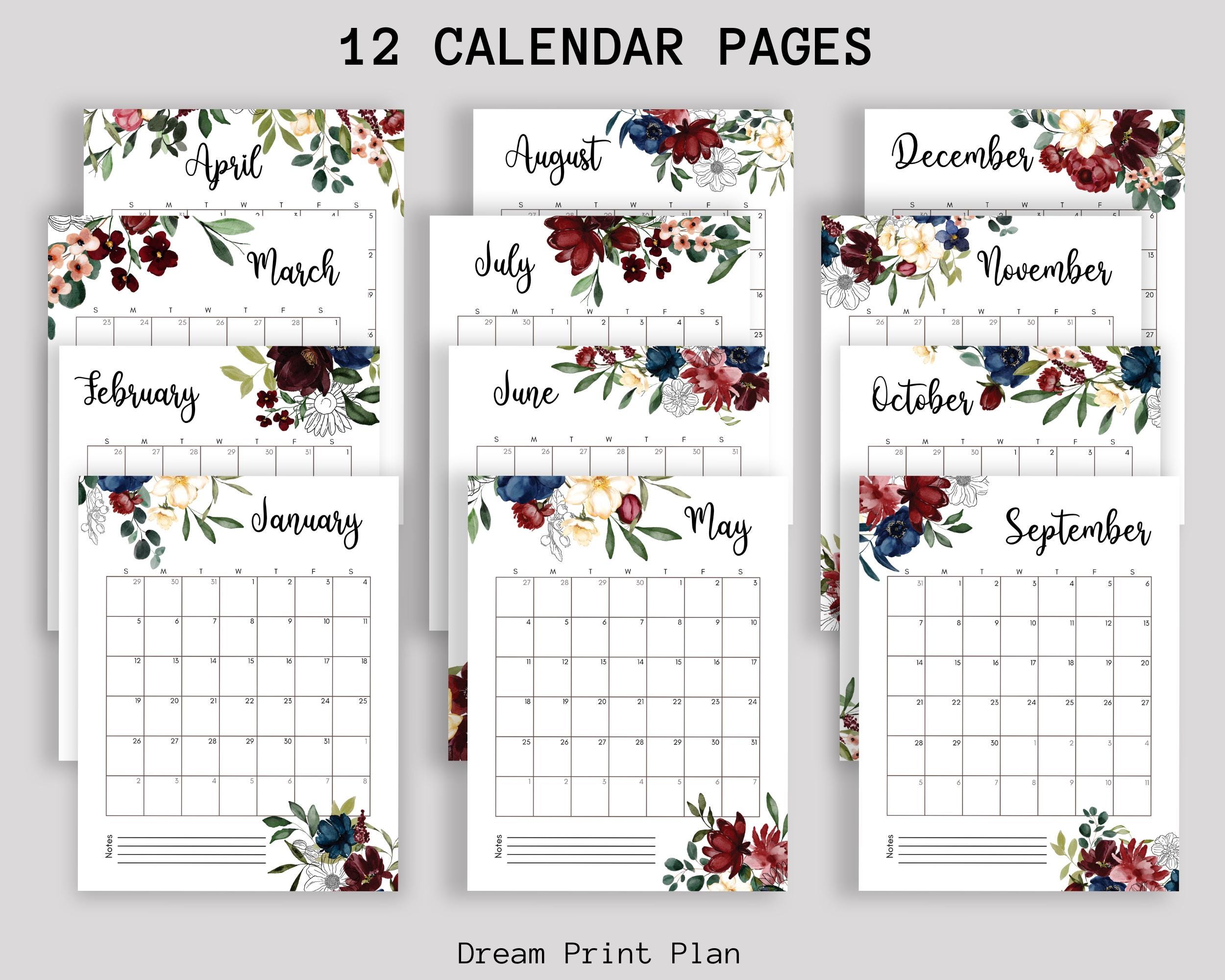 2025 Printable Floral Calendar - Navy and Burgundy, Monthly Planner ...