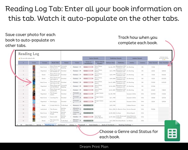 Reading Log Spreadsheet Template Book Tracker, Bookshelf Organizer ...
