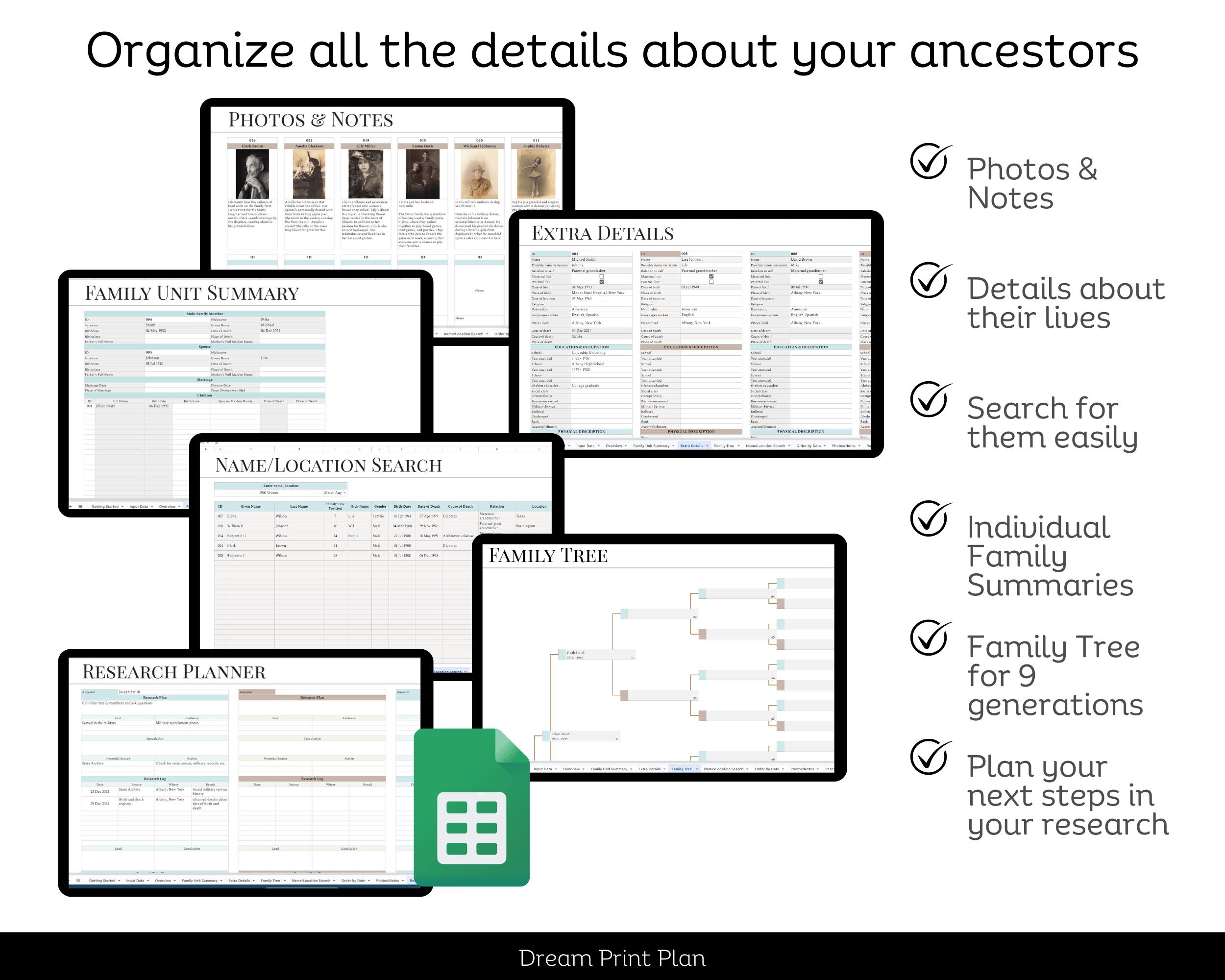 Genealogy Tracker Spreadsheet, Google Sheet Template, Family Tree ...