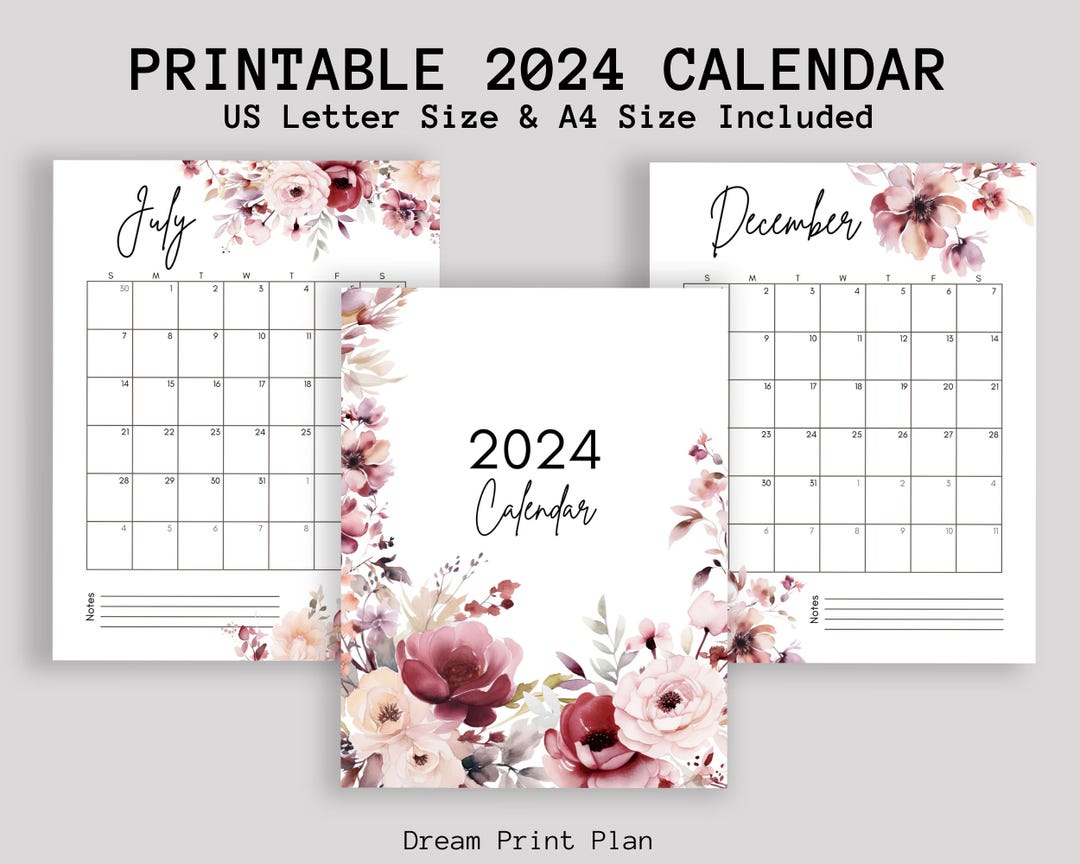 2024 Printable Floral Calendar Pink & Burgundy, Monthly Planner ...