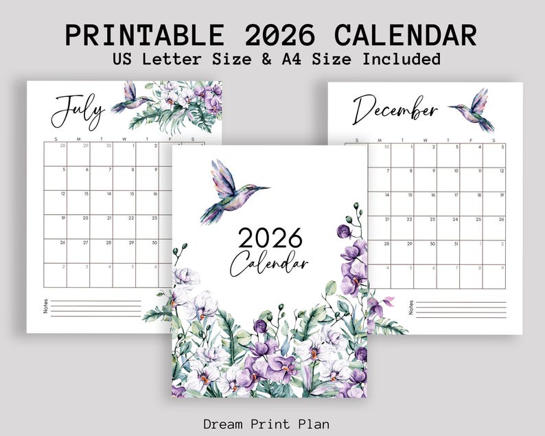 2026 Hummingbird Calendar Printable: Purple Floral Design (PDF Download ...
