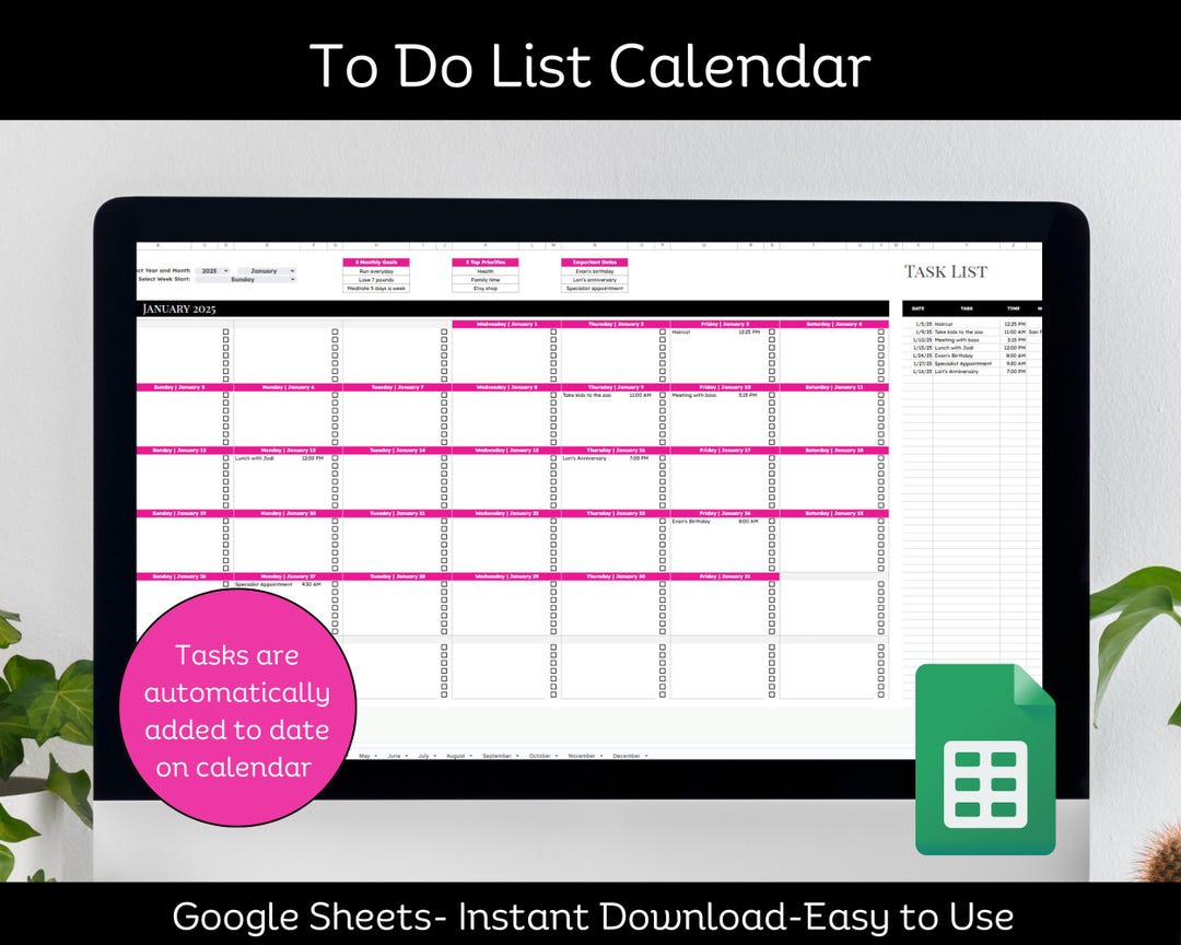 To Do List Calendar Spreadsheet, Google Sheets Monthly Planner ...
