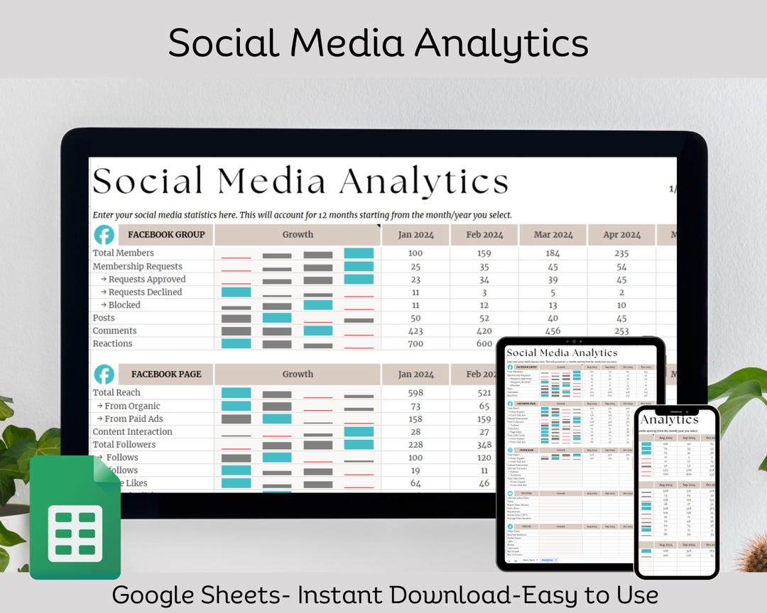 Social Media Analytics Tracker: Google Sheets Template (12 Month) - Etsy
