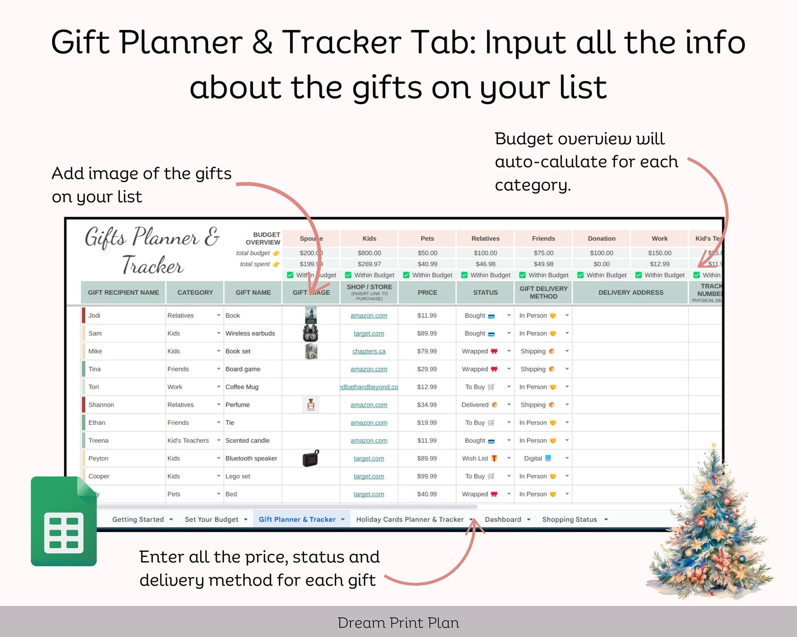 Christmas Gift & Card Tracker Spreadsheet - Budget Planner, Shopping ...