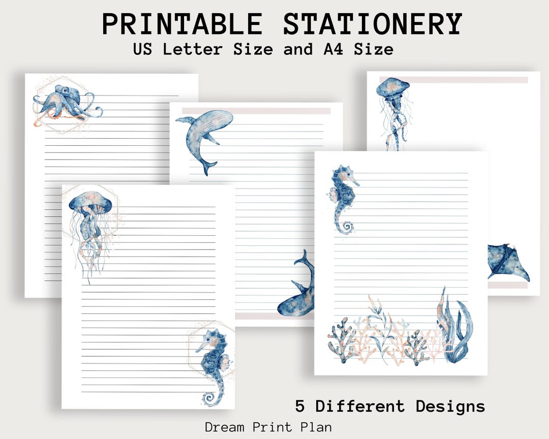 Sea Theme Stationery Set. Blue and Peach Ocean Writing Paper. Elegant ...