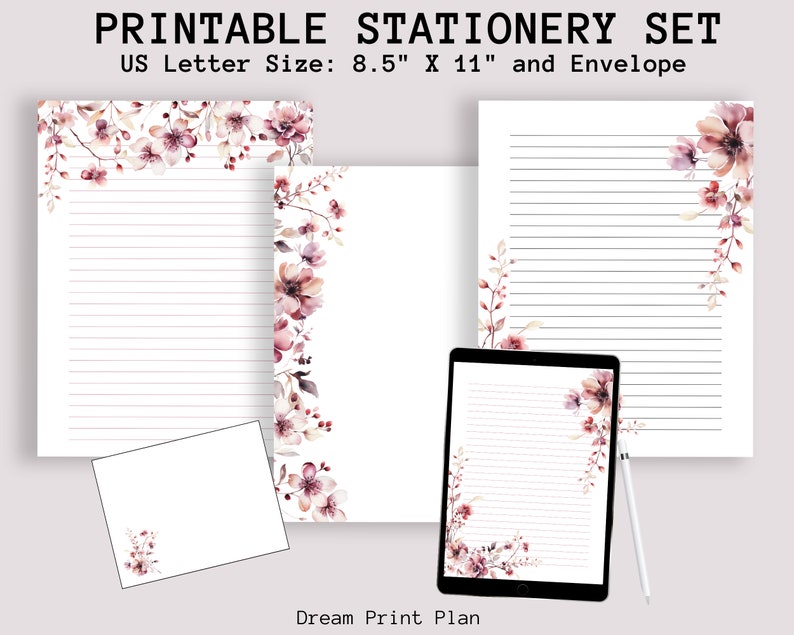 Pink Floral Stationery Set. Elegant Flower Writing Paper. Pen Pal ...