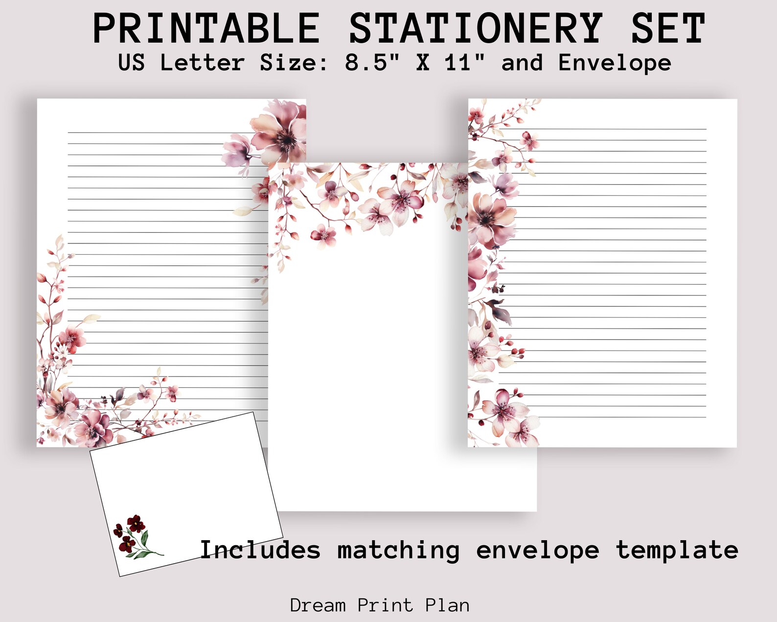 Pink Floral Stationery Set. Elegant Flower Writing Paper. Pen Pal ...