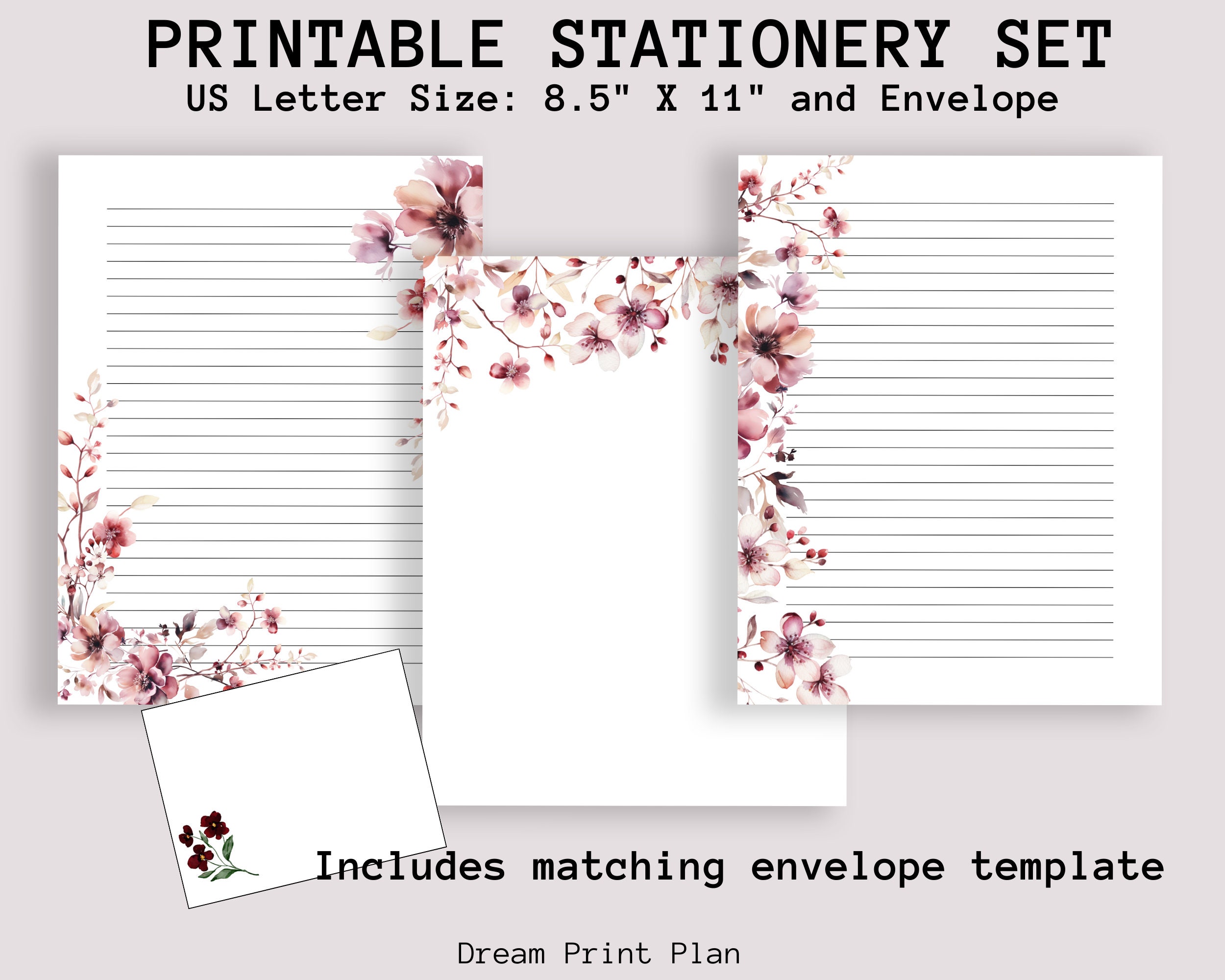 Pink Floral Stationery Set. Elegant Flower Writing Paper. Pen Pal ...