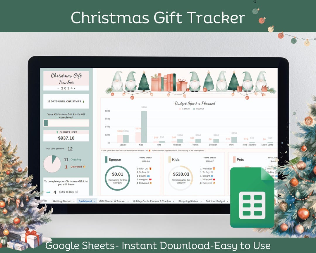 Christmas Gift & Card Tracker Spreadsheet - Budget Planner, Shopping ...