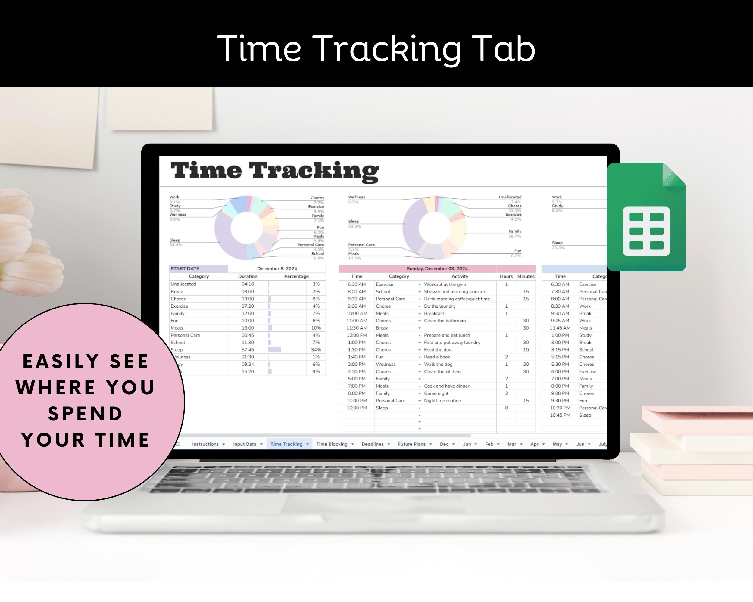 Time Management Spreadsheet for Google Sheets – Time Tracking, Time Blocking, Deadline Planner ...