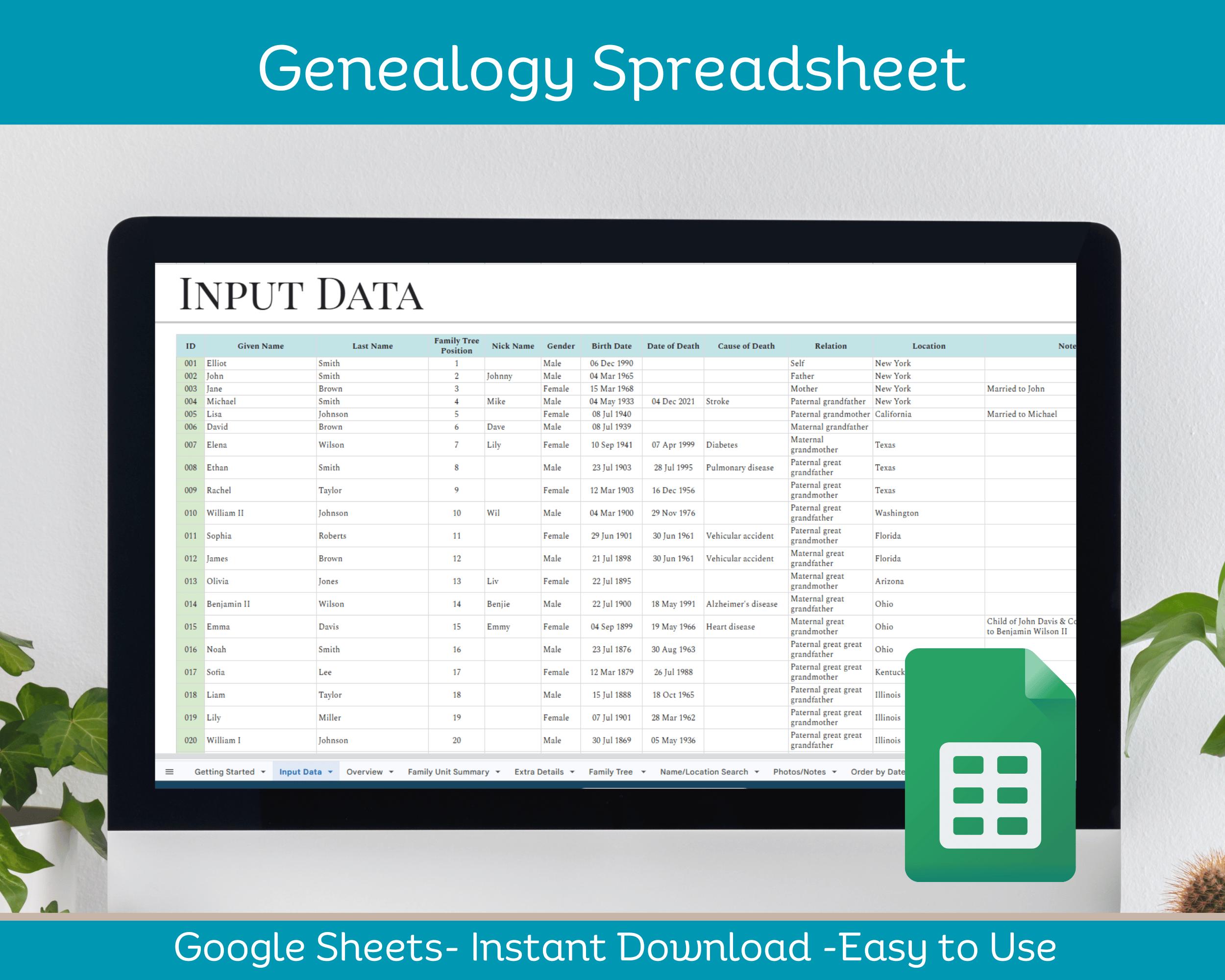 Genealogy Tracker Spreadsheet, Google Sheet Template, Family Tree ...
