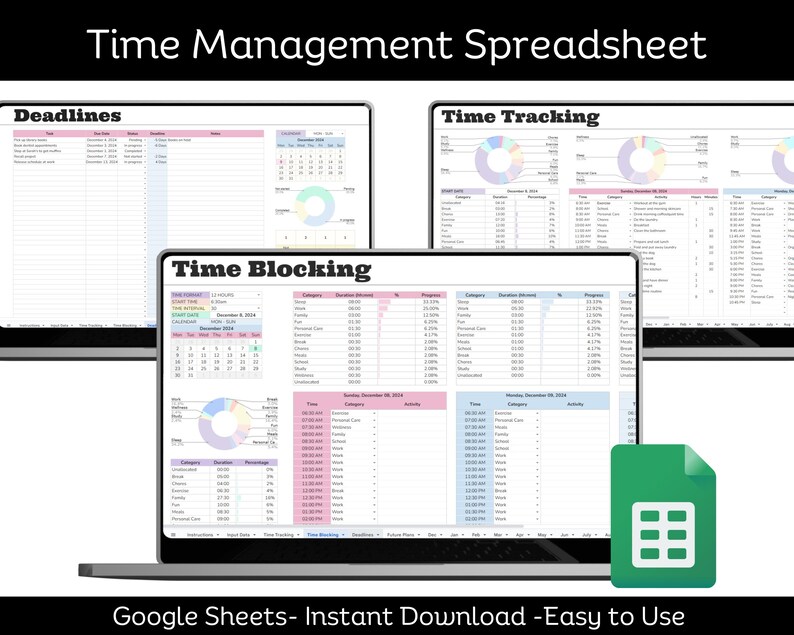 Time Management Spreadsheet for Google Sheets – Time Tracking, Time Blocking, Deadline Planner ...