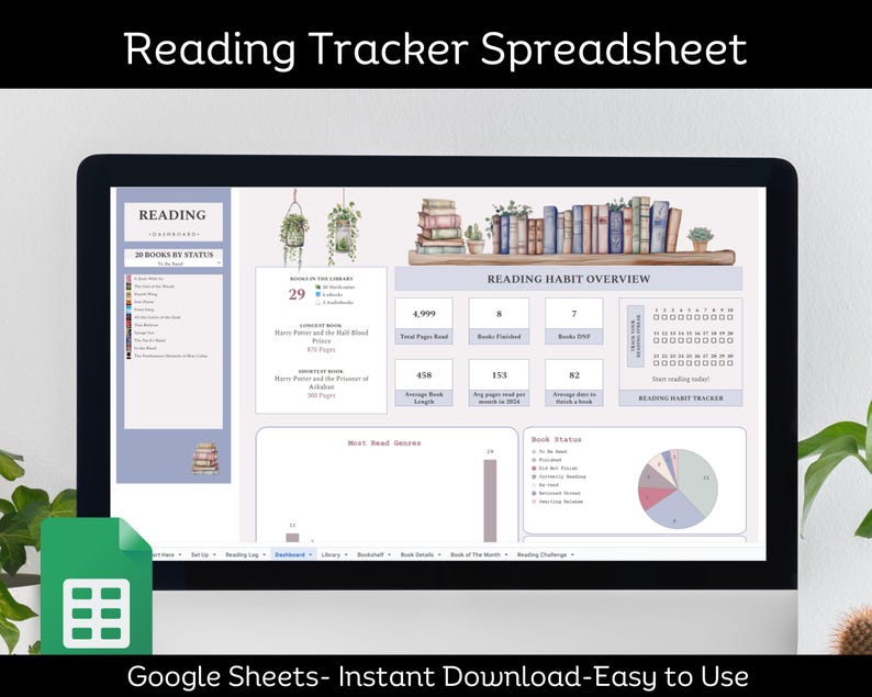 Reading Tracker Spreadsheet – Book Tracker, Bookshelf Organizer, Reading Challenge, Dashboard ...