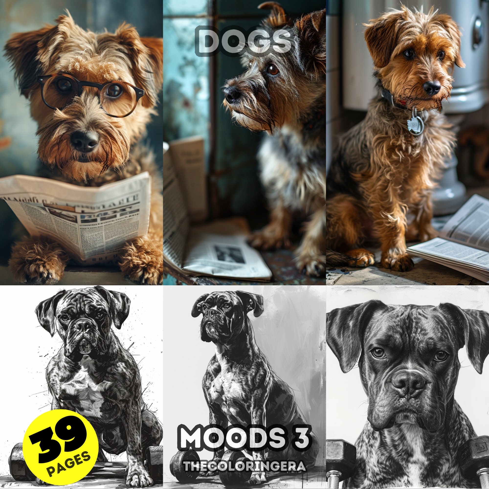 Dog Moods Vol 3 37 Coloring Pages Digital Downloads Grayscale Pdf Files ...