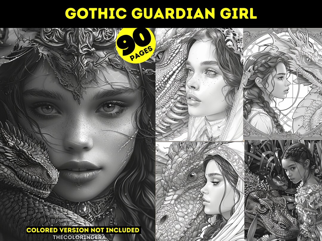 Gothic Guardian Grayscale Coloring Pages Printable Adult Kids Download ...