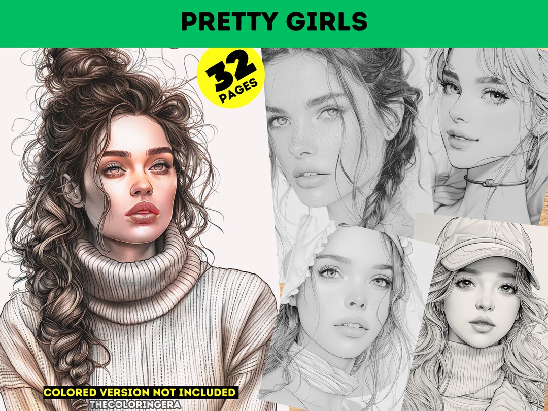 Beautiful Pretty Girls Coloring Pages Grayscale Coloring Kids & Adult ...