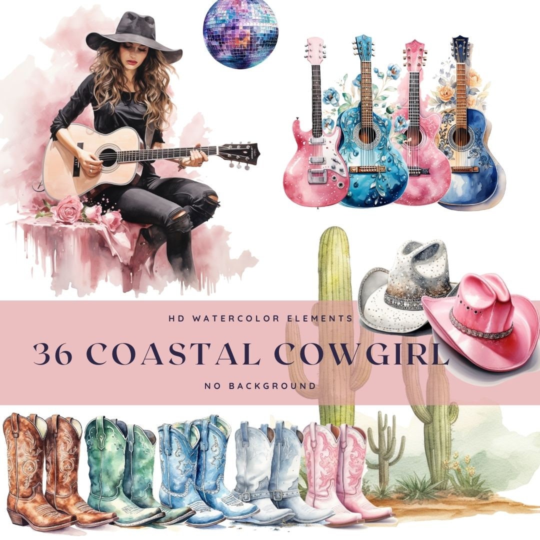 Coastal Cowgirl Chic: Watercolor Clipart Collection of Hats, Boots, and ...