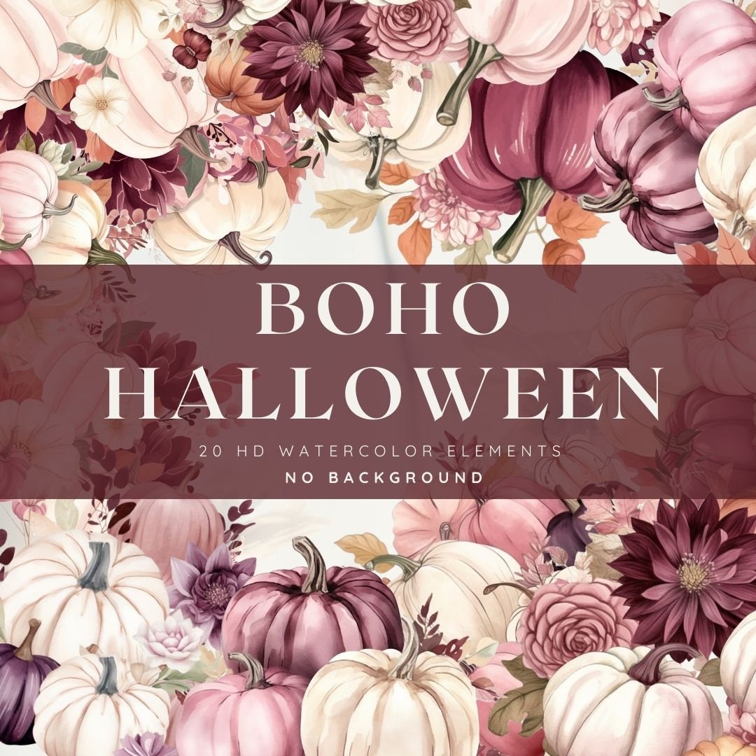 Boho Halloween Clipart Bundle, Boho Rustic Clipart, Autumn Boho Floral ...