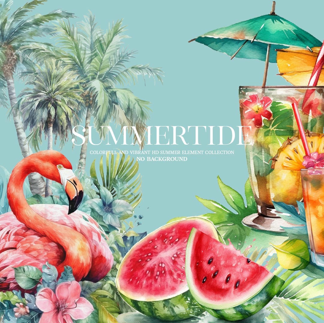 Summertime Clipart Collection, Tropical Watercolor Png, Flamingos ...