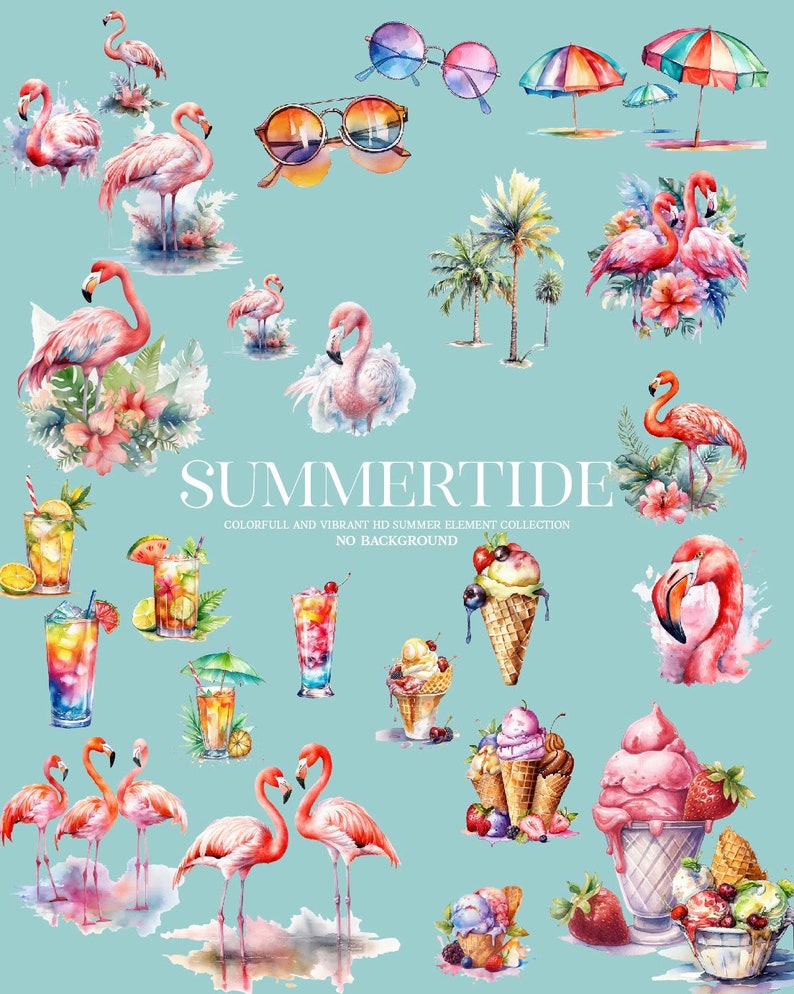 Summertime Clipart Collection, Tropical Watercolor Png, Flamingos ...