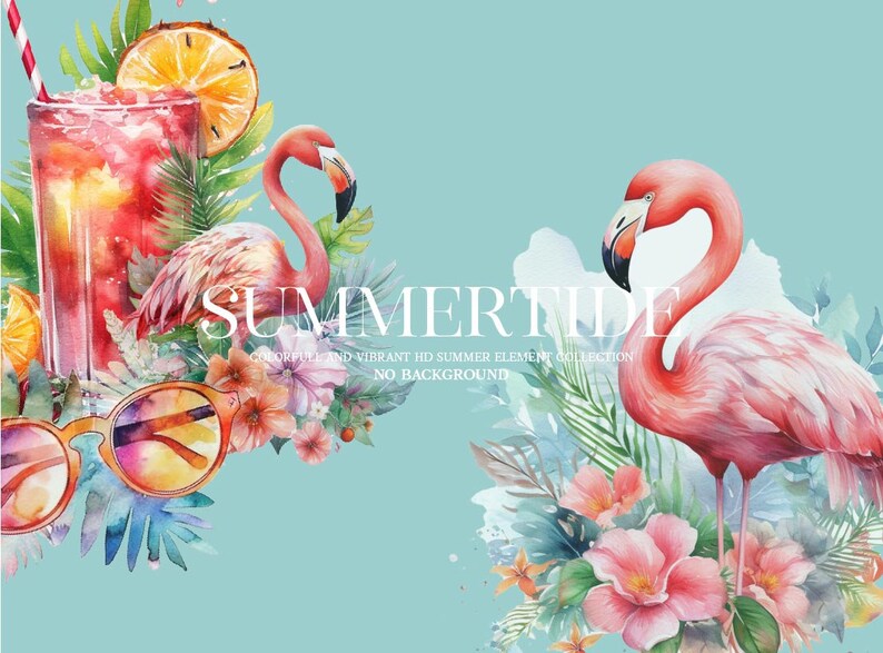 Summertime Clipart Collection, Tropical Watercolor Png, Flamingos ...