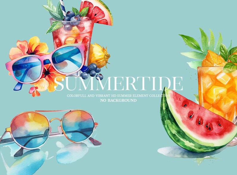 Summertime Clipart Collection, Tropical Watercolor Png, Flamingos ...
