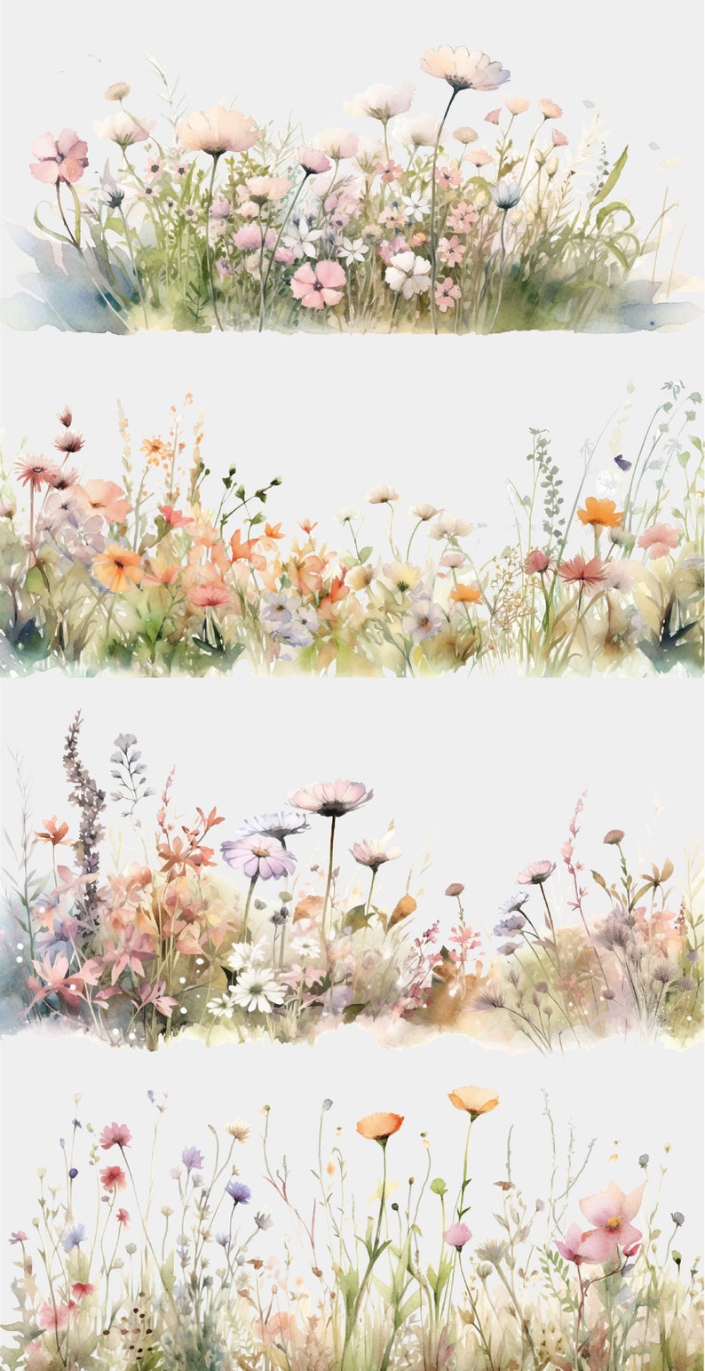 Watercolor Meadow Borders, Flower Borders Png, Wild Flowers, Watercolor ...