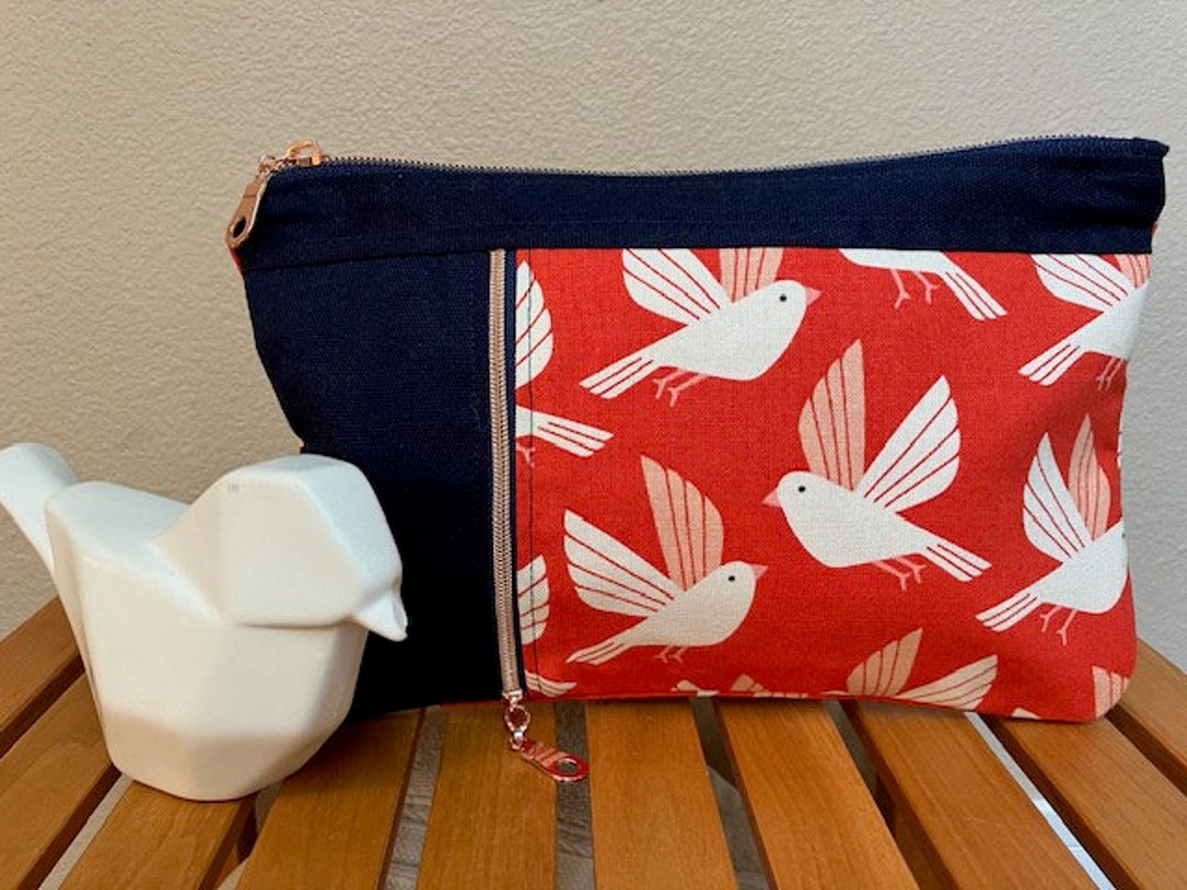 Birds Contemporary Medium Zippered Pouch Purse Rose Gold Navy Pockets ...