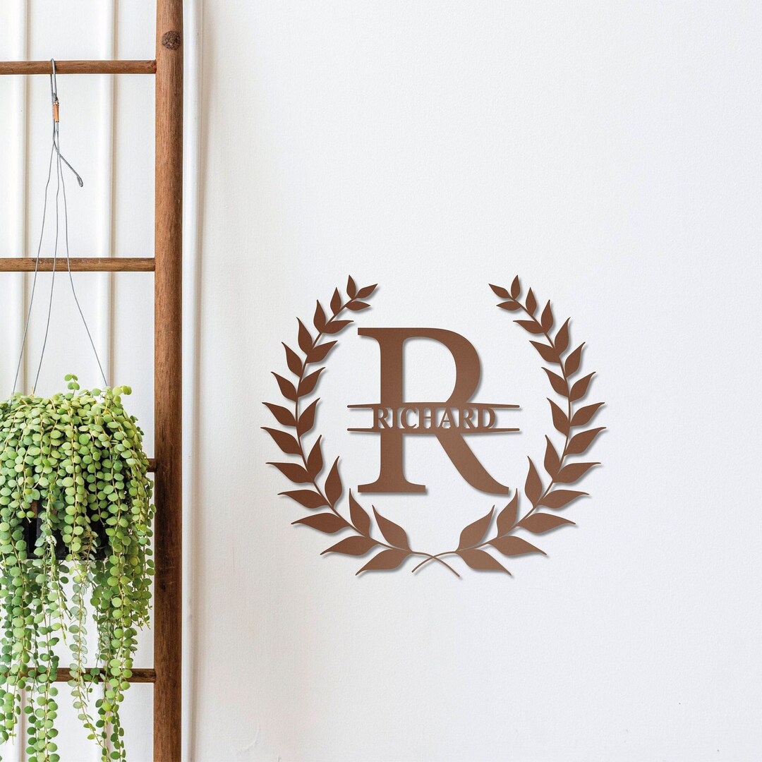 Personalized Leafy Metal Name Sign, Custom Monogram Sign, Metal Wall ...