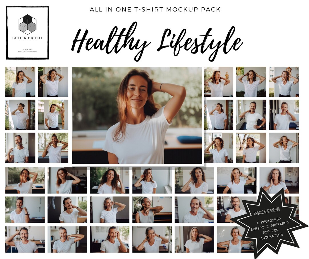 POD Mockup Pack With Photoshop Script, Healthy Yoga People White Tshirt ...