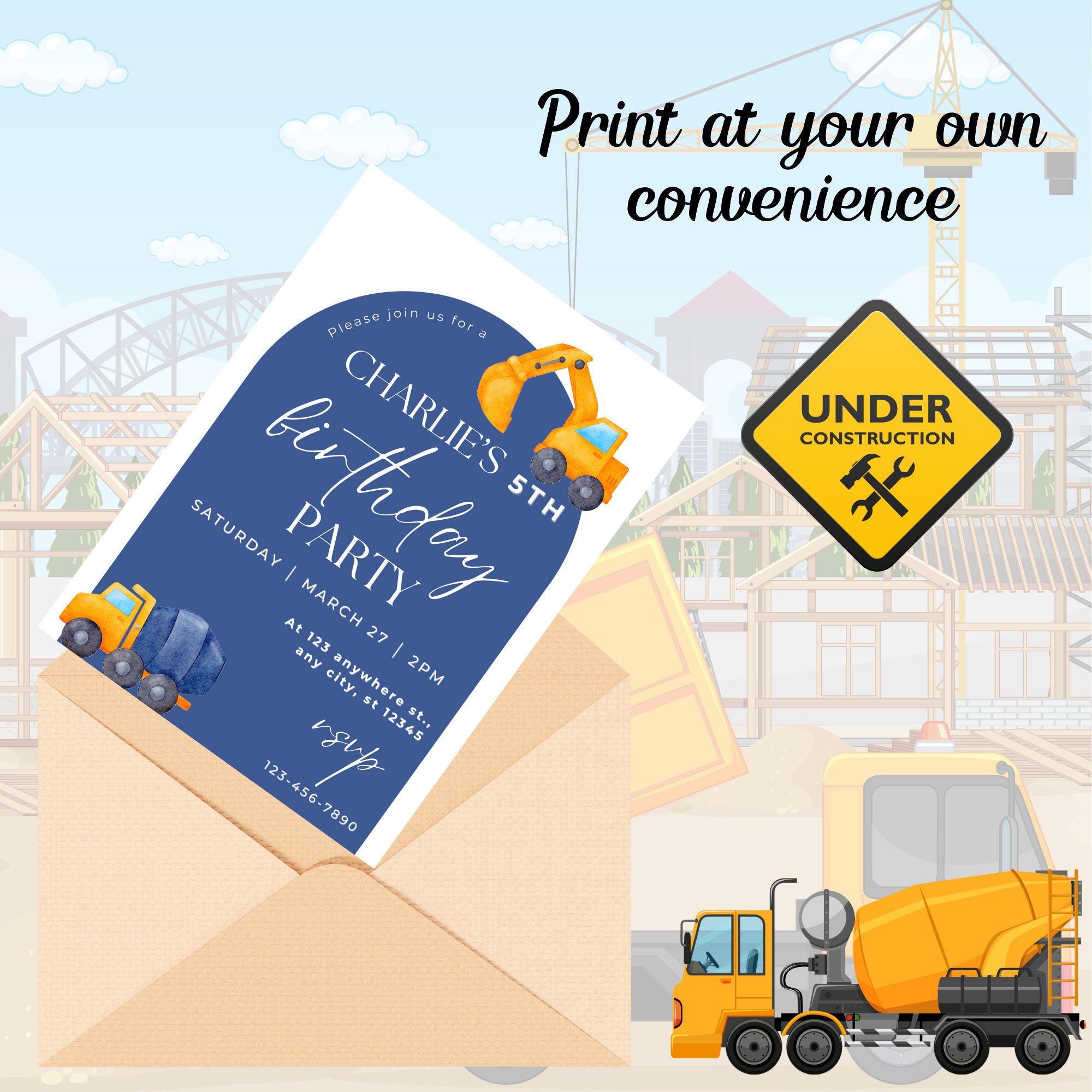 Editable Construction Invitation, Printable Invitation, Digital ...