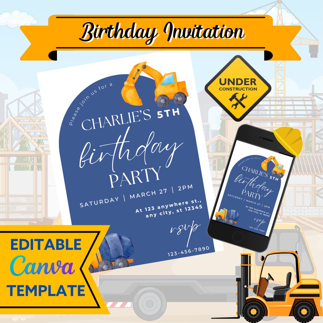 Editable Construction Invitation, Printable Invitation, Digital ...