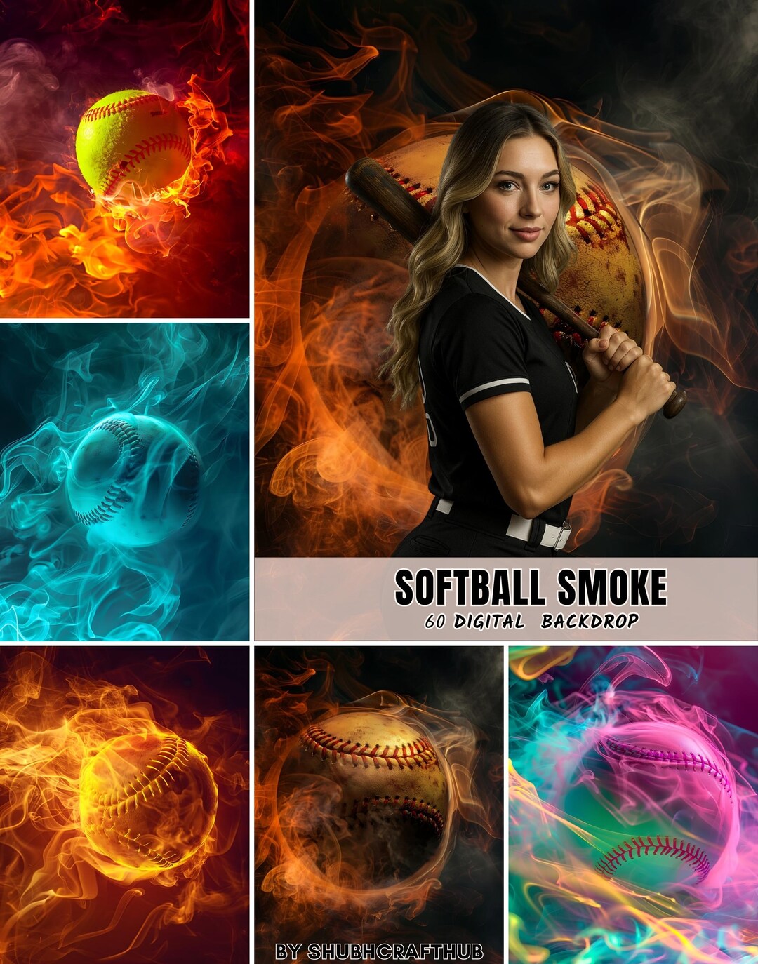 Softball Smoke Backdrop Digital Download | Sports Poster Template for ...